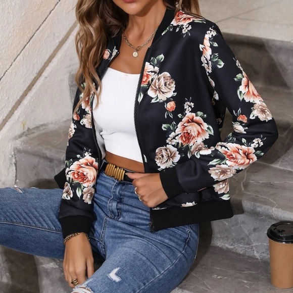Jackets & Coats | Boho Floral Print Zipper Light Bomber Jacket | Poshmark
